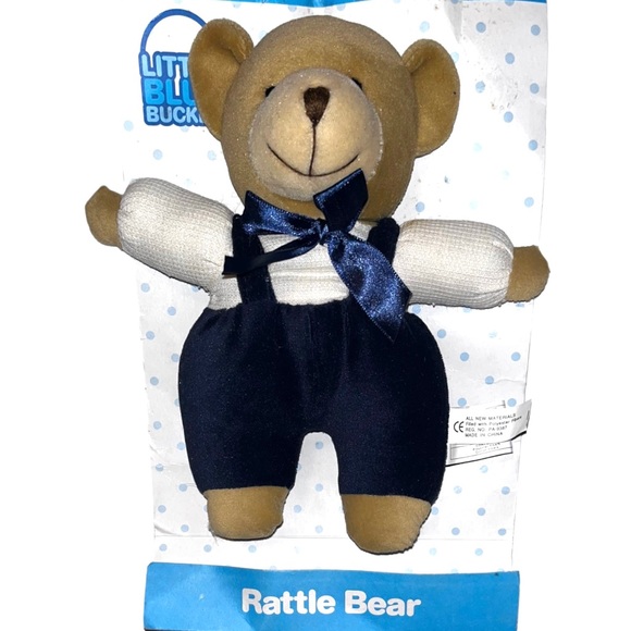 Toys | Vtg Little Blue Bucket Rattle Teddy Bear Blue Felt Overalls Tie ...